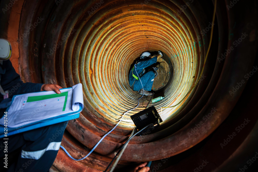 Male worker inspection measured the coil pipe circular thickness of the ...