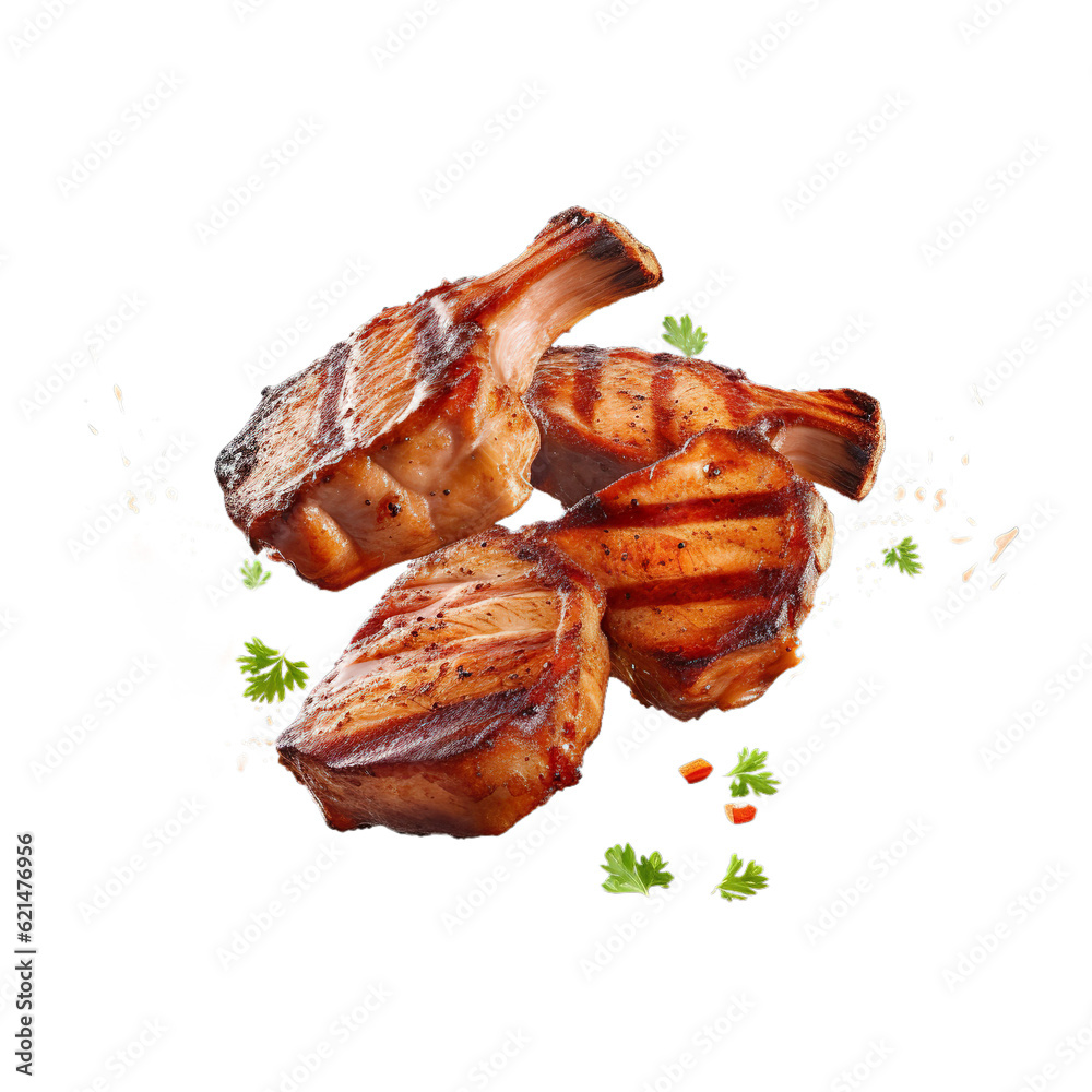 Grill Pork Chops steaks, realistic 3d brisket flying in the air ...