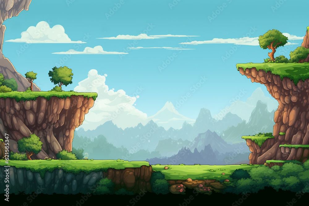 2d arcade game level map, fantasy island game background, mountains, trees and platforms. High ...