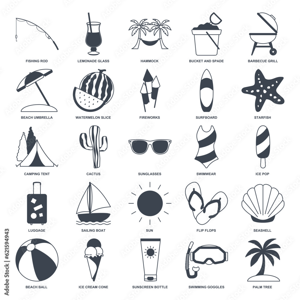 Summer icon set, travel symbols collection, logo illustrations, beach ...