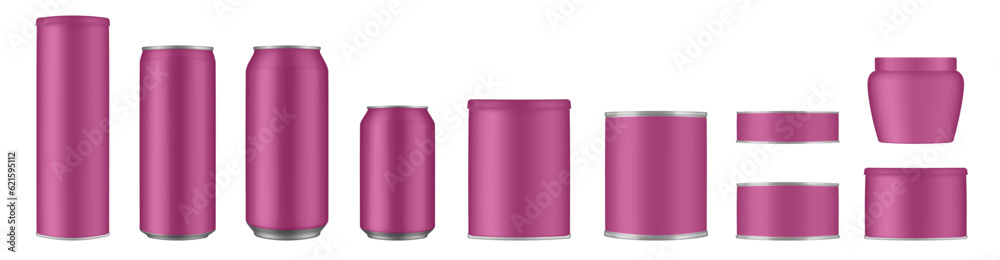 Set of purple tin cans and jars. Coffee or tea canister. Tin can for ...