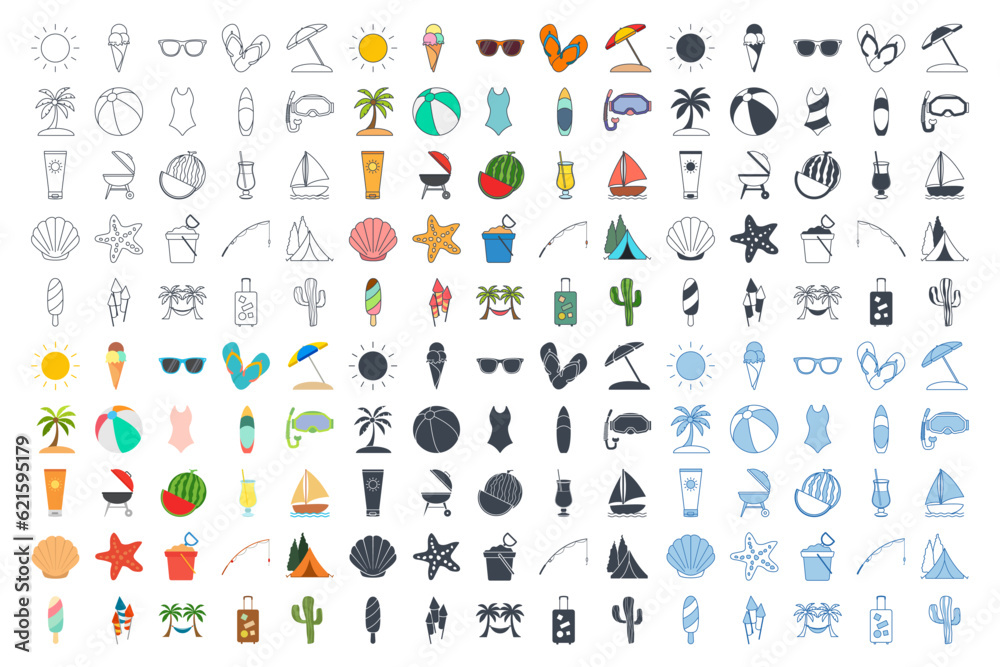 Summer mega icon set, travel symbols collection, logo illustrations ...