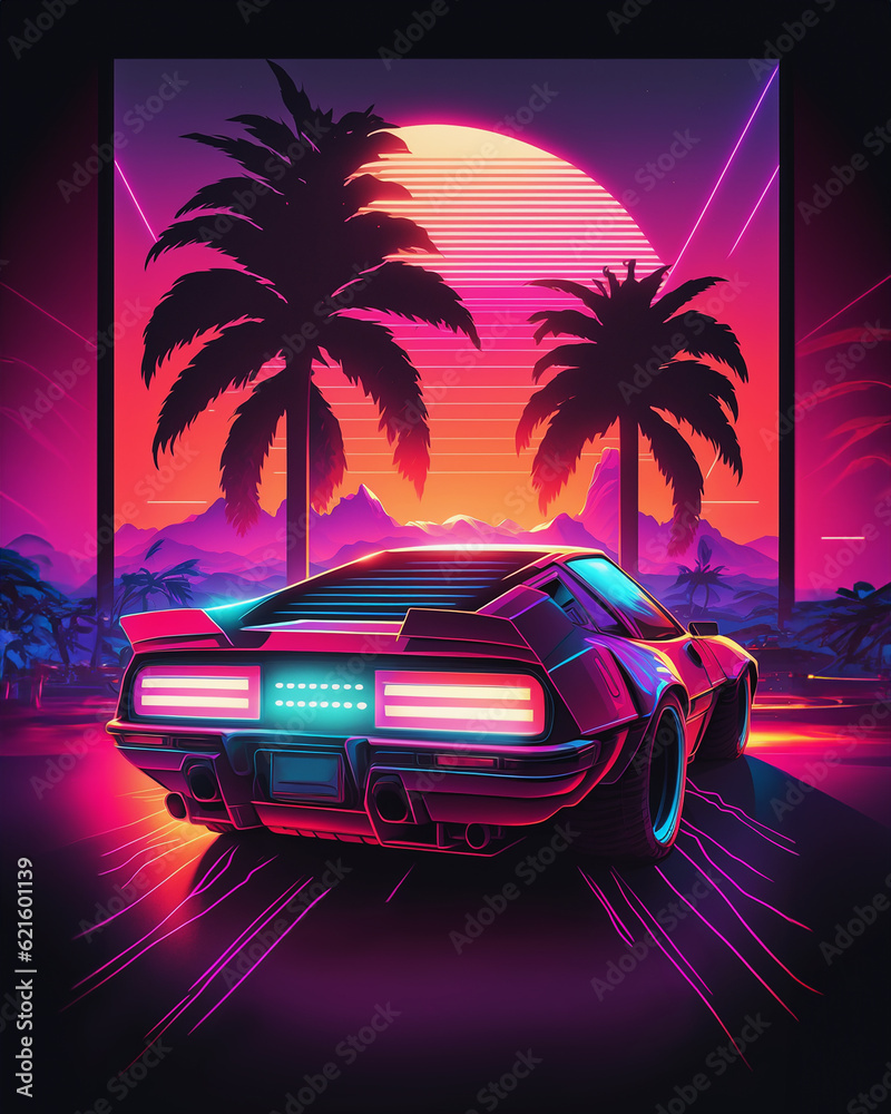 sport car drive fast at ocean miami beach. 80s. neon lights. Retro ...
