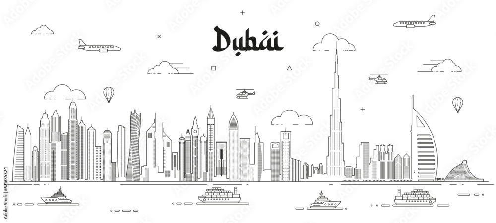 Dubai skyline line art vector illustration Stock Vector | Adobe Stock