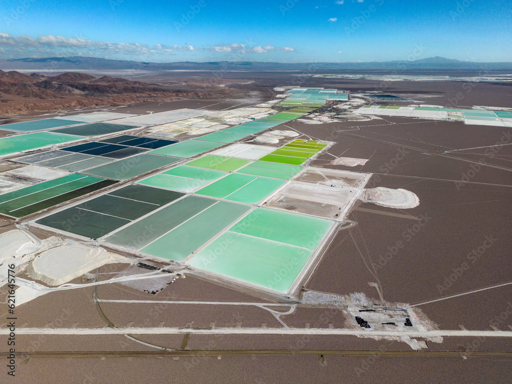 Lithium fields / evaporation ponds in the Atacama desert in Chile ...