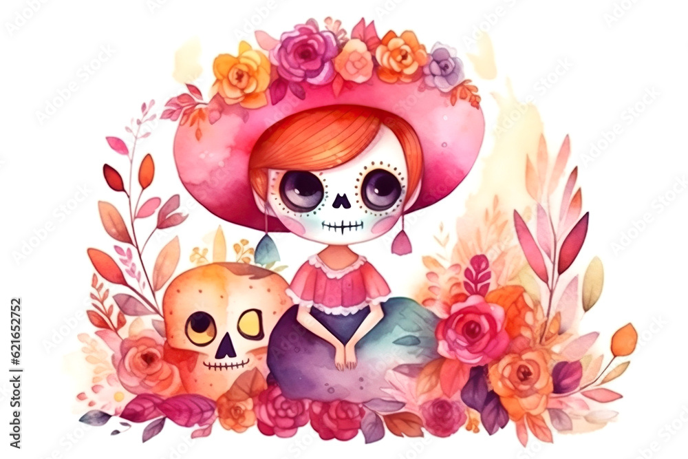 Watercolor cute la catrina cartoon character, created with Generative ...