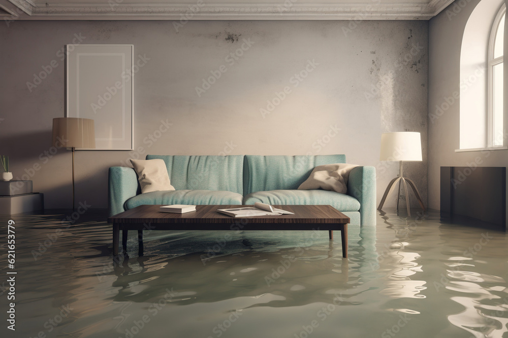 Water damager after flooding in basement with floating, created with Generative AI technology ...