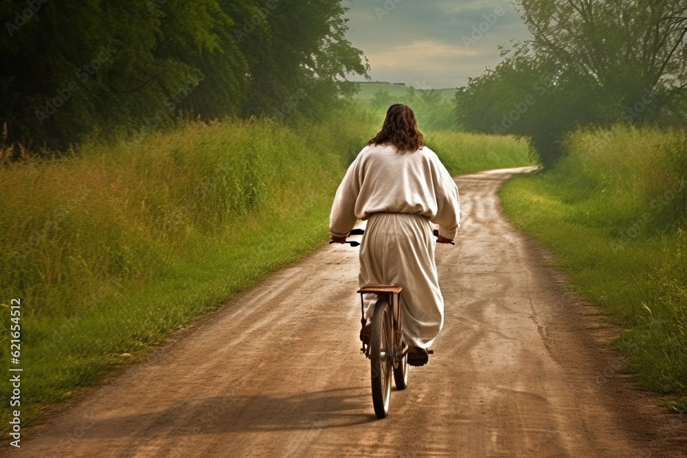 Jesus christ on bike driving alone back view, created with Generative ...