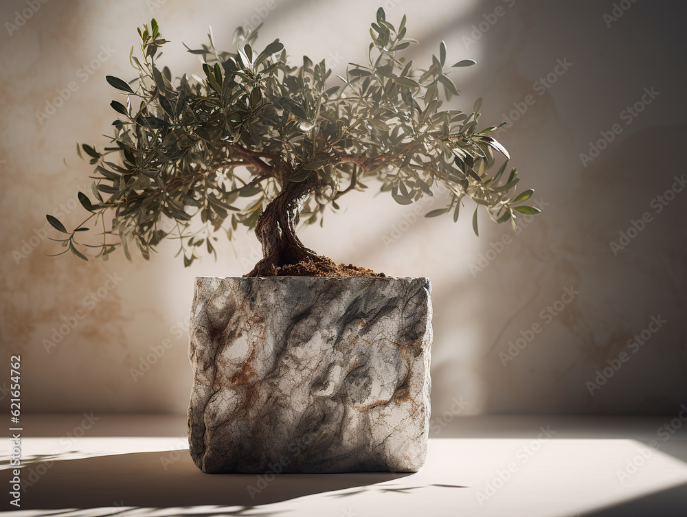 Stone textured with small olive tree branches. A plant growing on a ...