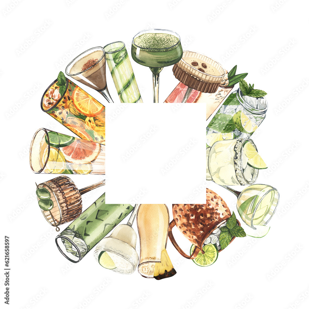 Watercolor circle frame, cocktail glasses: martini, gin,margarita ...