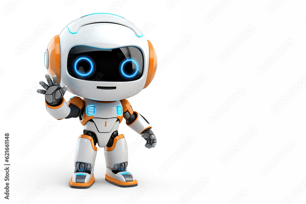 Cute little robot waving hello on white background with copy space ...