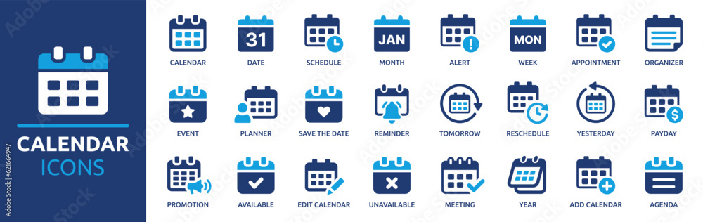 Calendar icon set. Containing date, schedule, month, week, appointment ...