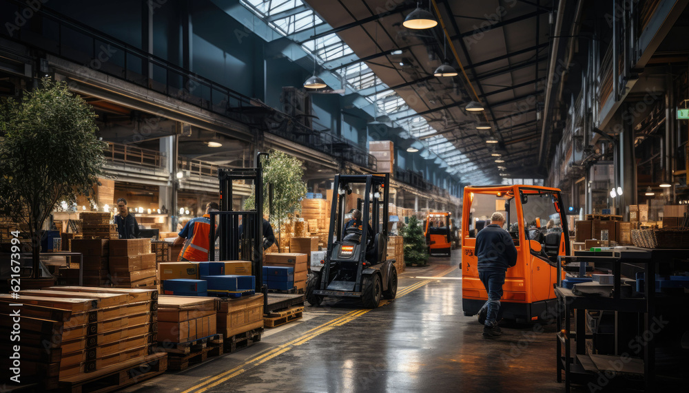 modern busy warehouse with workers, forklift, boxes, rows, upfront ...