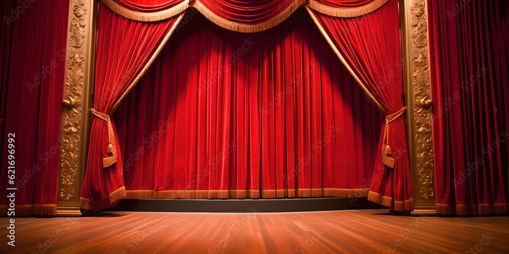 Realistic theater red dramatic curtains, spotlight on stage theatrical ...