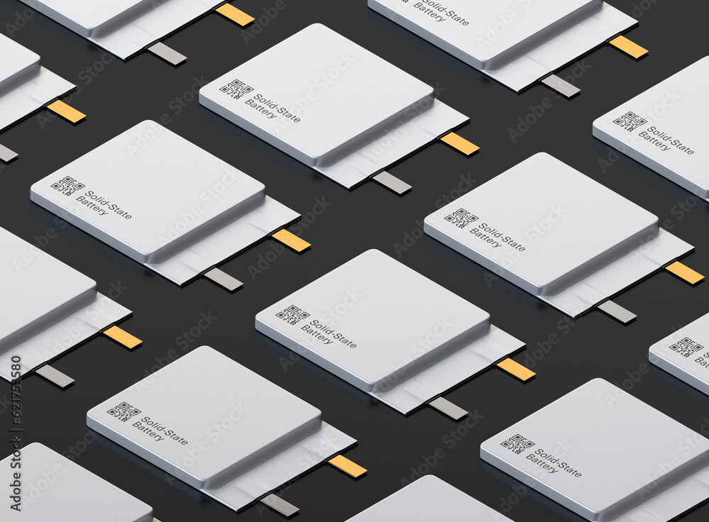 Group of Solid-State Battery cell units with sample QR code on black ...