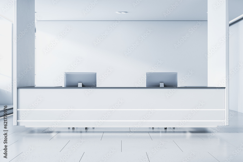 Contemporary white concrete office lobby interior with reception desk ...