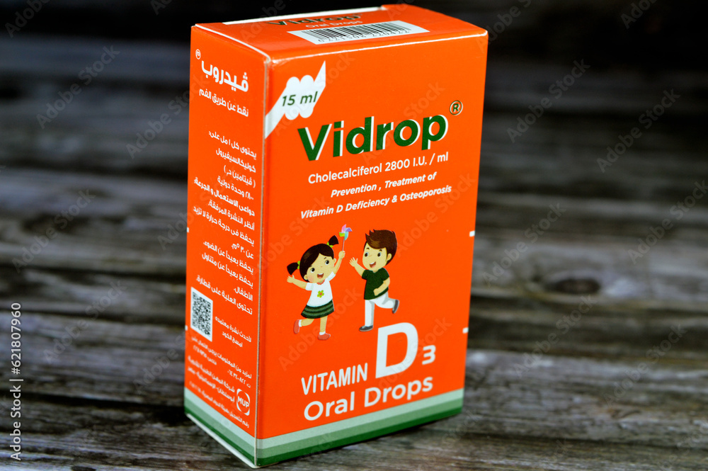 Cairo, Egypt, June 26 2023: Vidrop 2800IU oral drops, Vitamin D analog ...