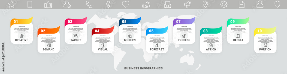 Vector modern infographics with 10 rectangles. Business concept with graphic ten steps and ...