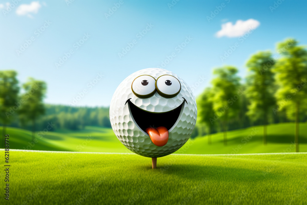 Smiling white golf ball on a tee on green grass with course background ...