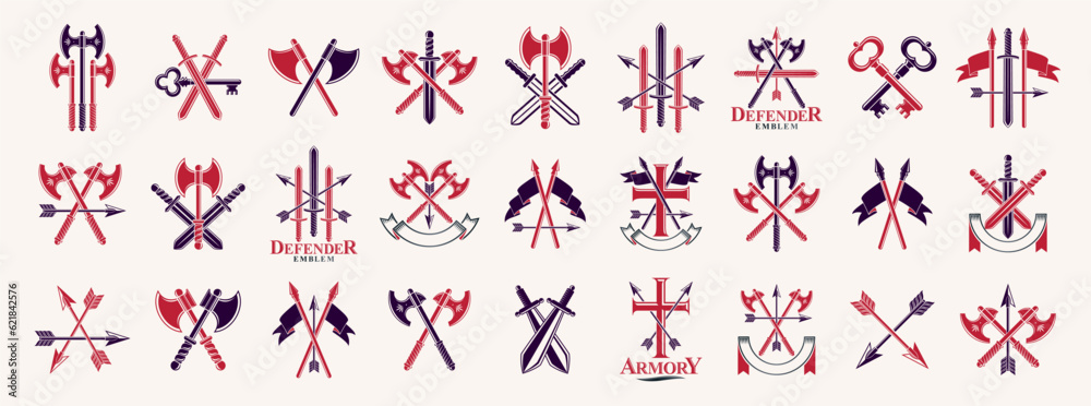 Weapon emblems vector emblems big set, heraldic design elements ...