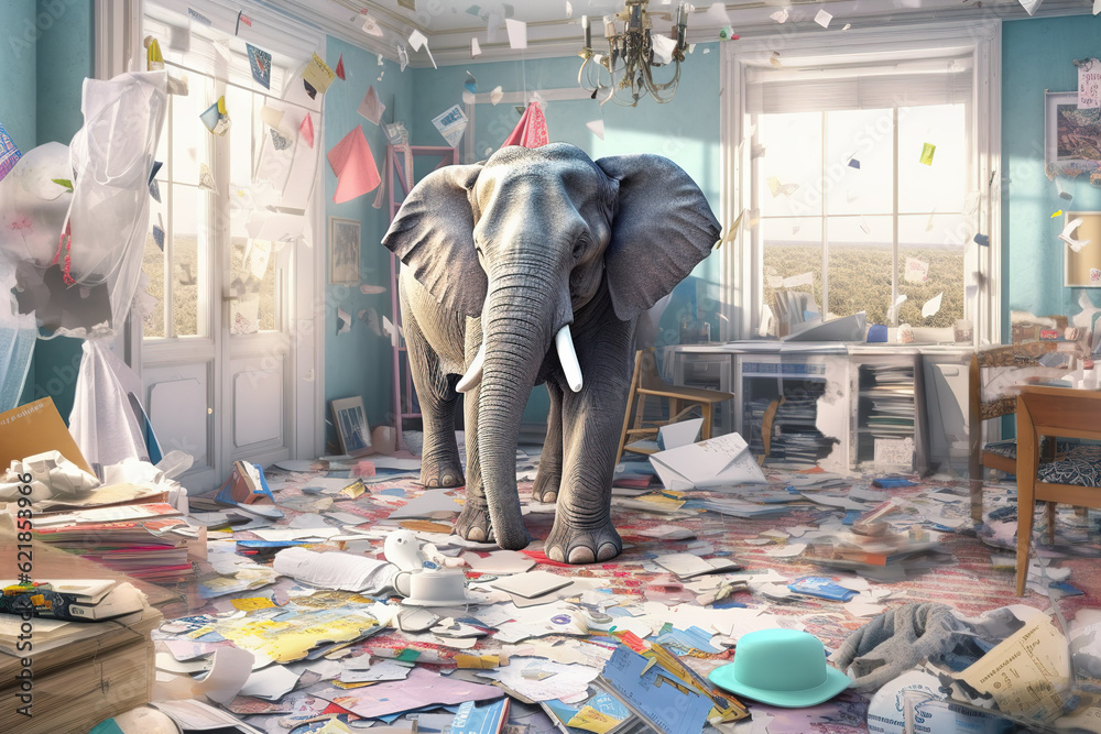 Elephant in demolished messy room. Mental health, disorder, stress ...