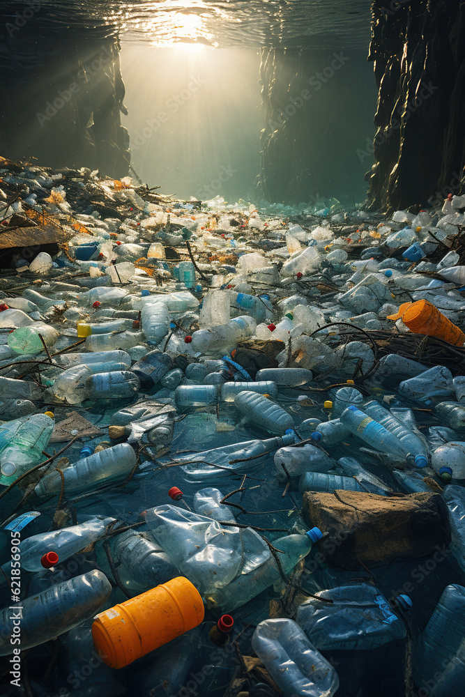 Plastic waste in sea water, pollution, Garbage problem plastic bottles ...
