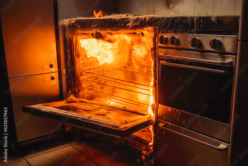 Stove catches fire. Fire hazard from kitchen oven. Generative AI Stock ...