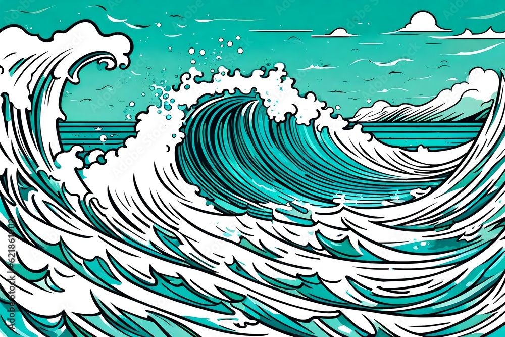 Illustration of fierce wave in the ocean. Ink style with bold lines ...