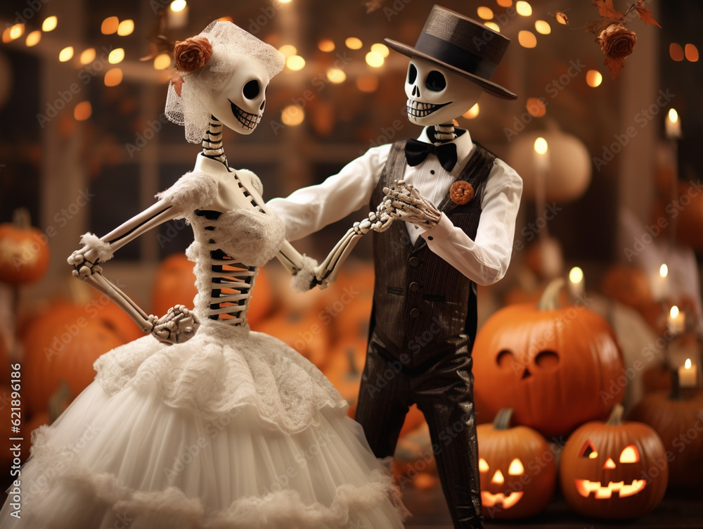 Dancing skeletons in love in the costume of the bride and groom in a ...