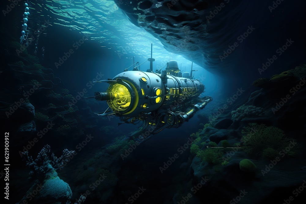Bathyscaphe floats near the ocean floor. Exploration of the deep sea as ...
