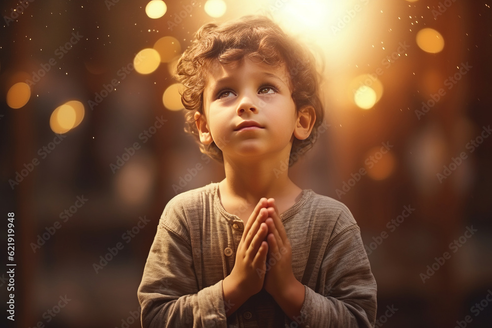 Cute small boy praying in the church and Jesus giving blessing ...