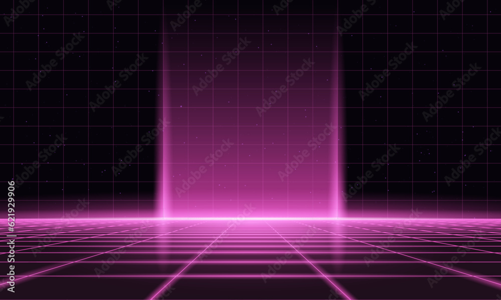 80s Retro Sci-Fi Background Futuristic Grid landscape. Digital cyber ...