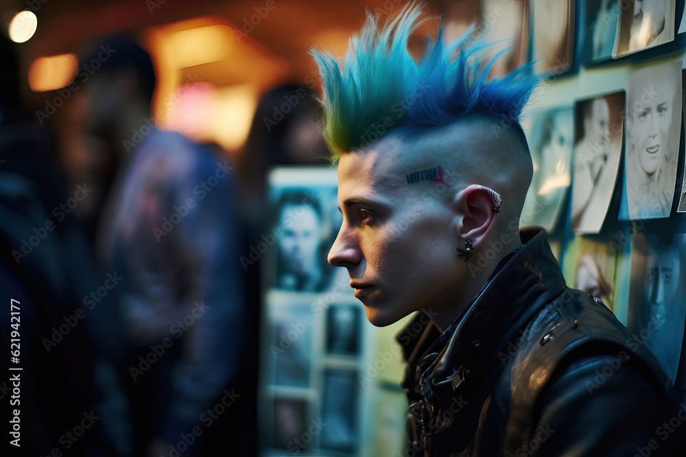 Outdoor portrait of a punk man with blue hair, leading a dynamic crowd ...