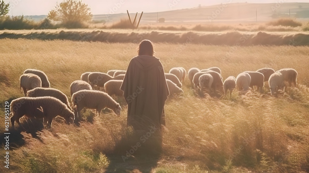 Shepherd Jesus Christ leading the sheep and praying to God and in the ...