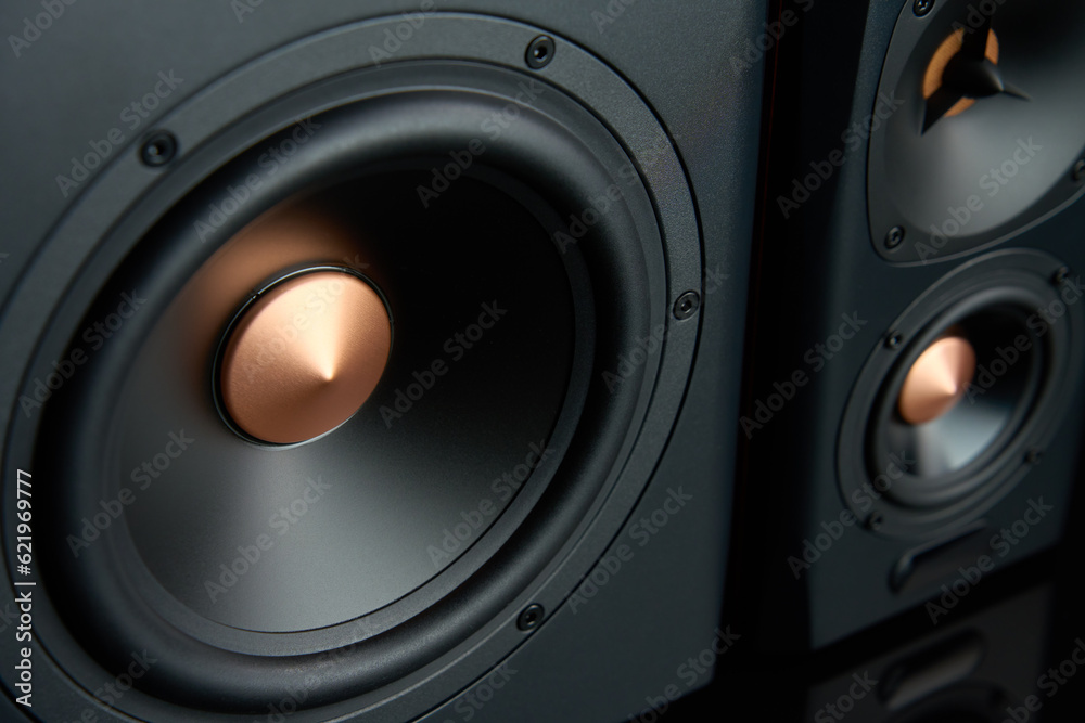 Multimedia acoustic sound speakers. Sound audio system on dark ...