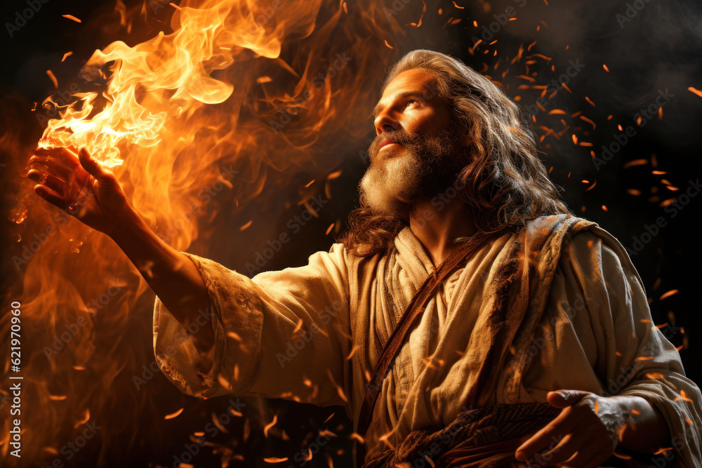 Gods appearance to Moses at the burning bush in the desert on Mount ...