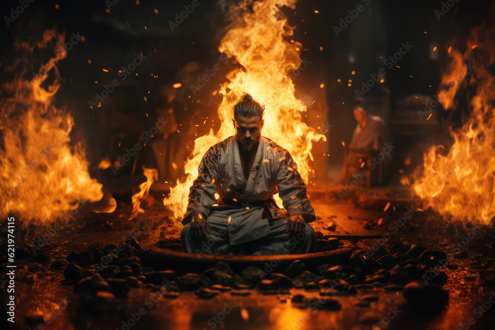 Karate Fury Unleashed. Striking Action in White Kimono Amid Flames ...