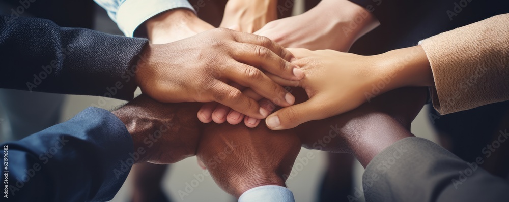 Stack of hands showing unity and teamwork, office background, panorama ...