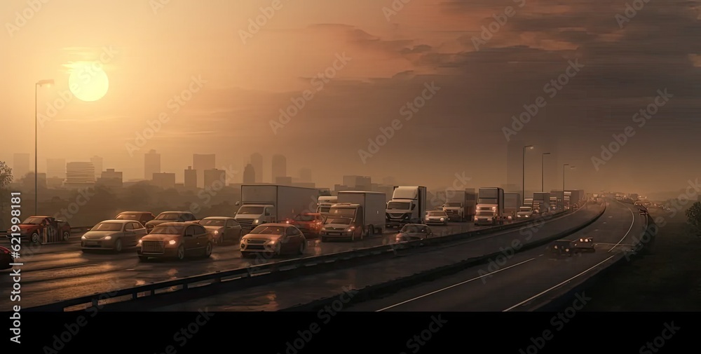 Car rush hours city street. Cars on highway in traffic jam. Created ...