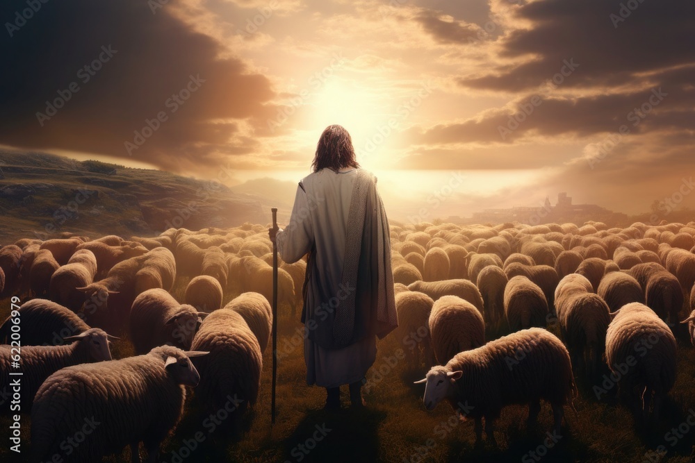 Poignant depiction of Shepherd Jesus Christ, compassionately leading a ...