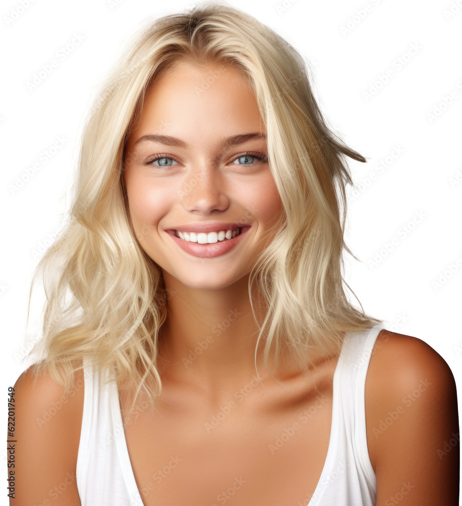 Portrait of a pretty smiling blond model isolated on white background ...