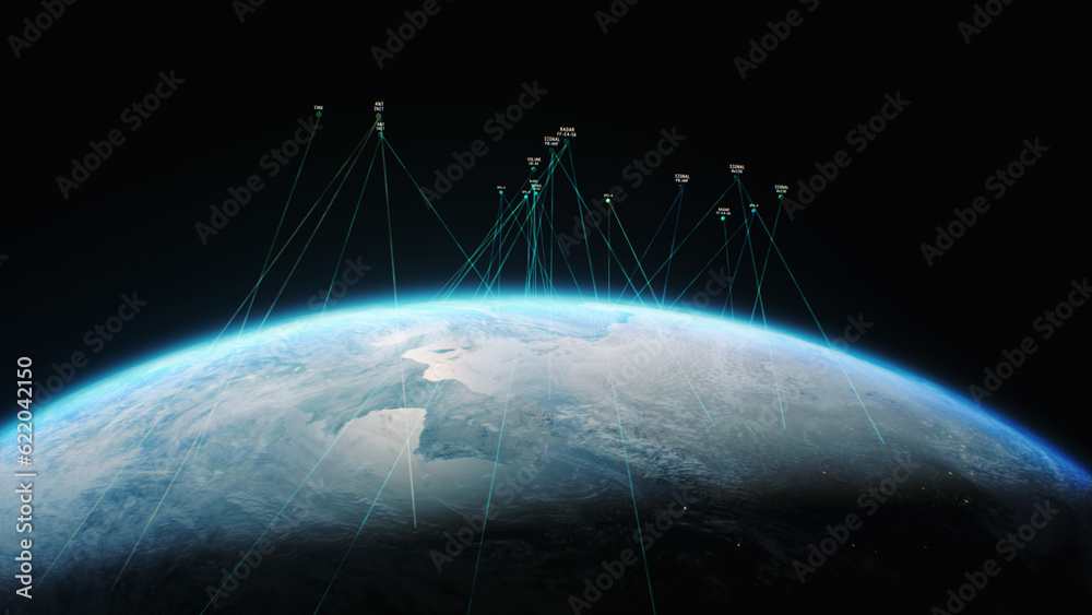 3D abstract animation of satellites transmitting data or signal by ...