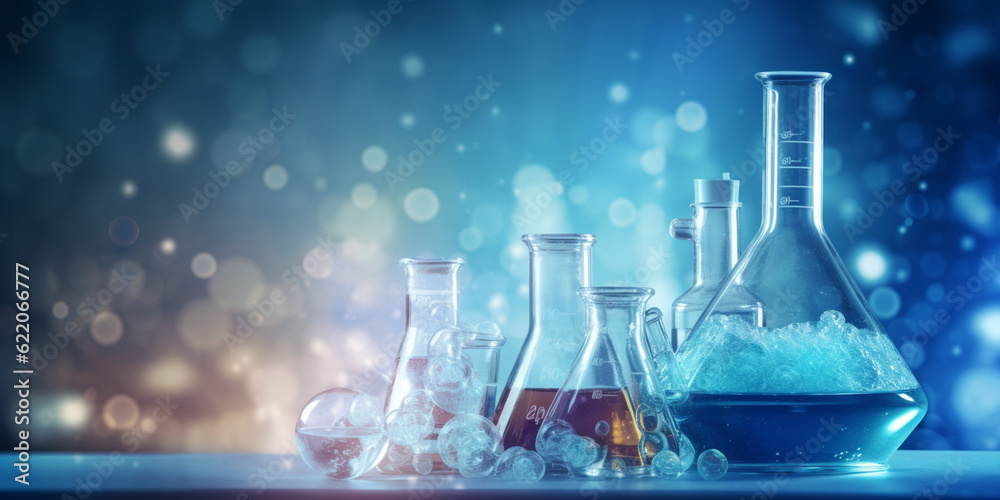 beaker and flask in science laboratory with chemical structure blue ...