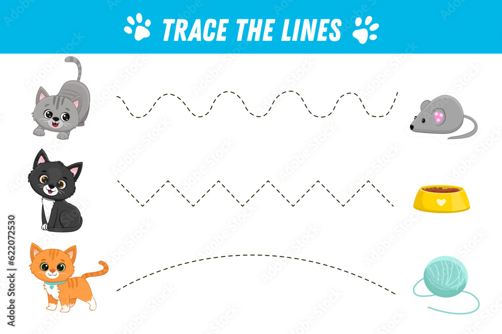 Tracing lines for kids. Cute cats. Cartoon kitten.Handwriting practice ...