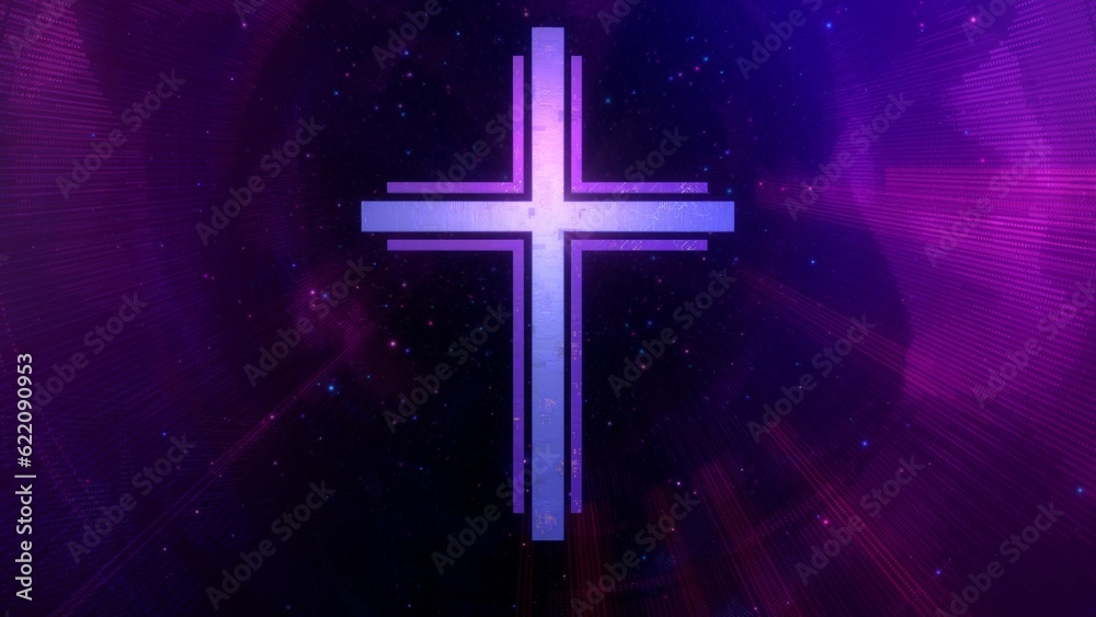 Futuristic Christian cross in ethereal sparkling purple cyberspace ...
