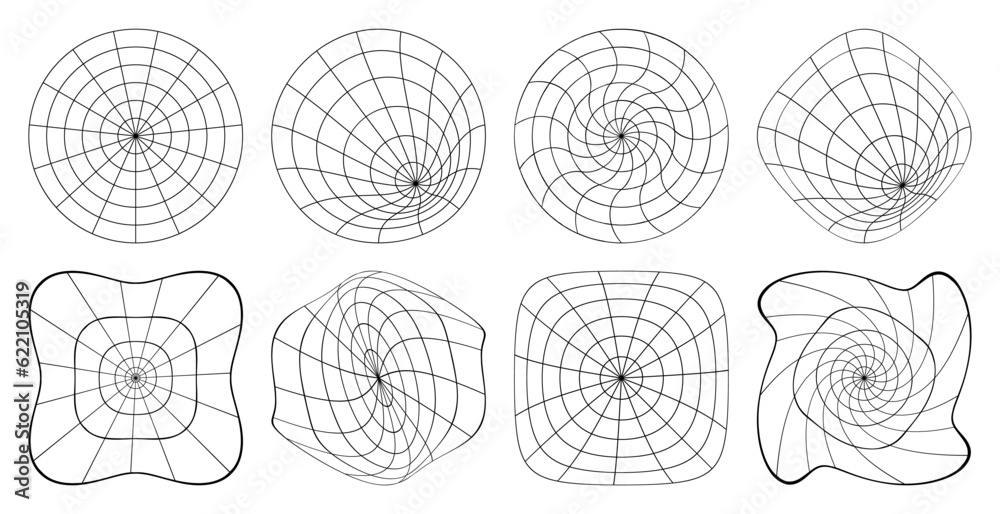 Y2K retro futuristic black wireframe, round shapes, perspective grids ...