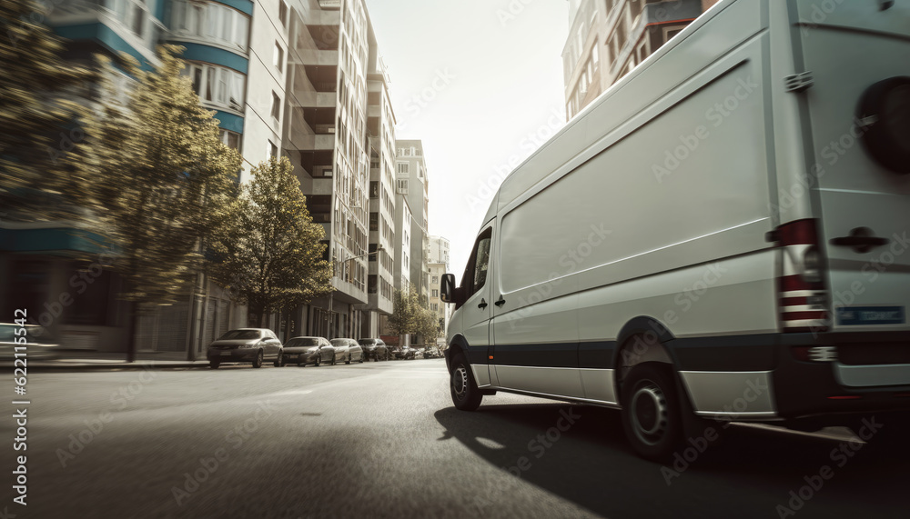 Modern city street with architectural buildings, a white van, and ...