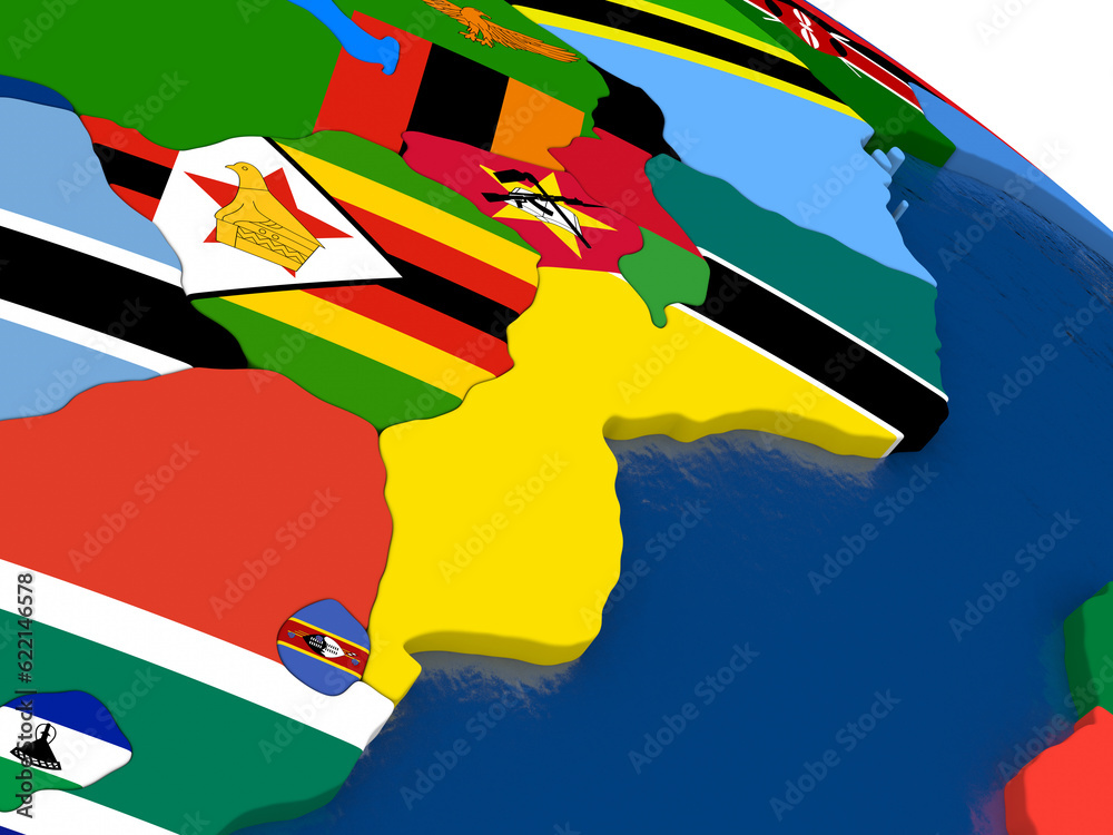 Map of Mozambique and Zimbabwe with embedded flags on 3D political map ...