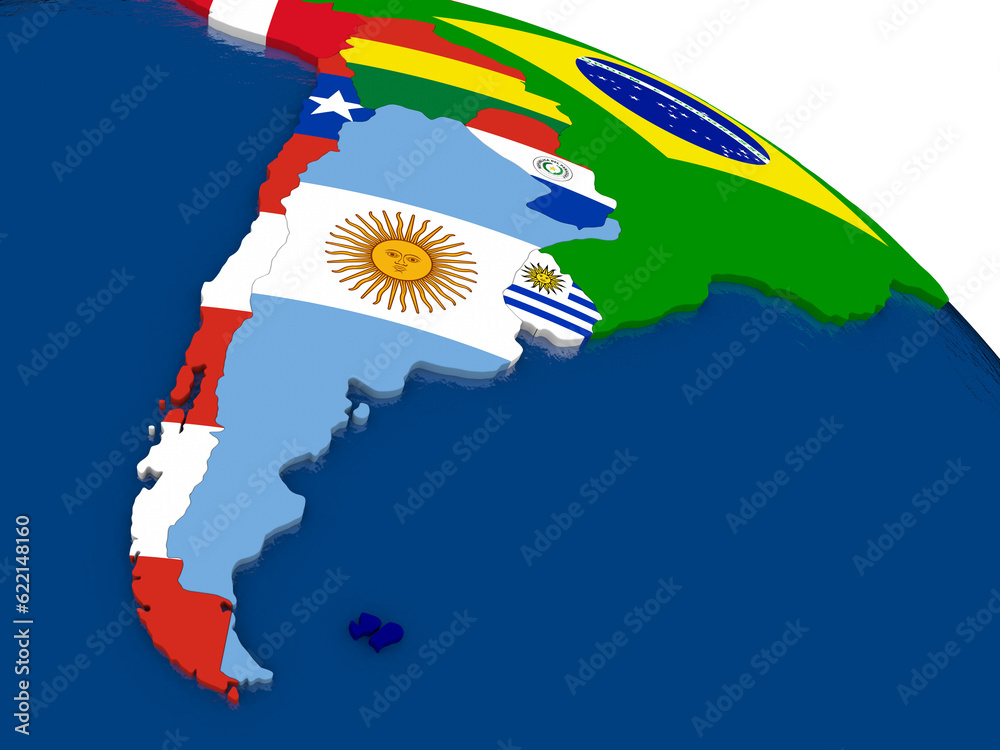 Map of Argentina and Chile with embedded flags on 3D political map ...