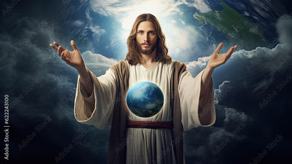 generative ai illustration of Jesus Christ protecting the planet earth ...